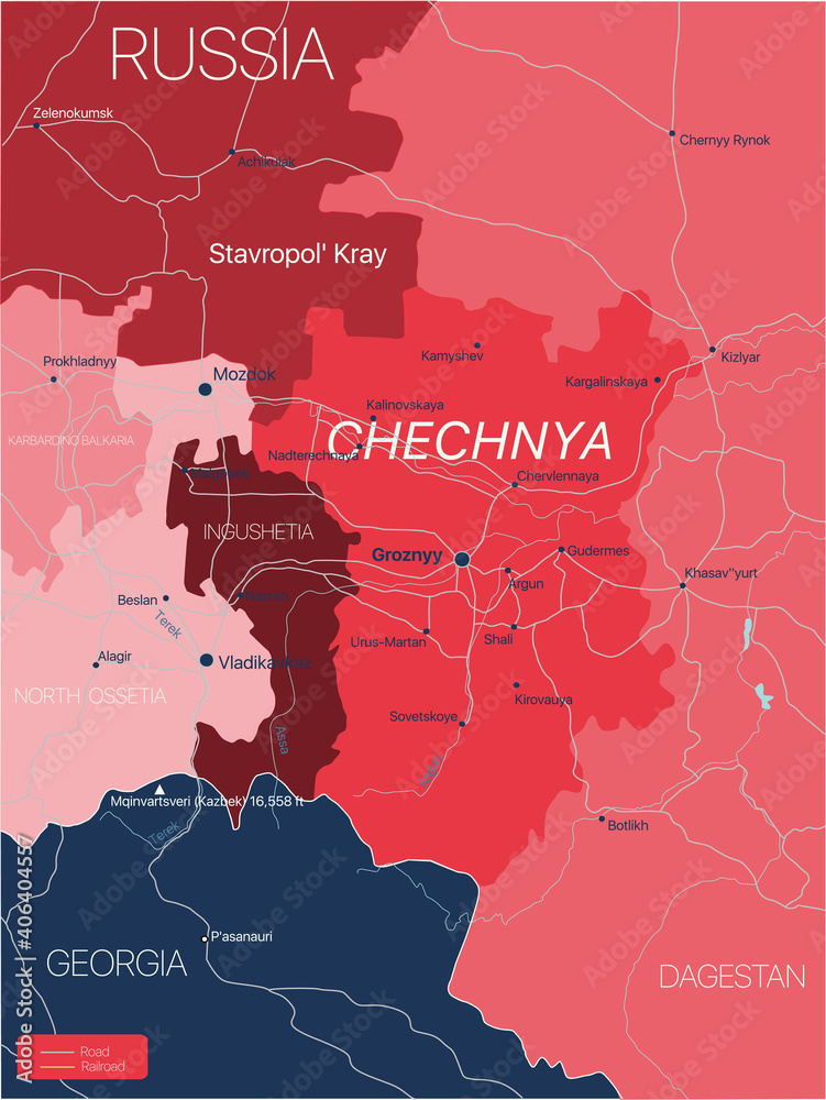 Stockvector Chechnya region of Russia detailed editable map with ...