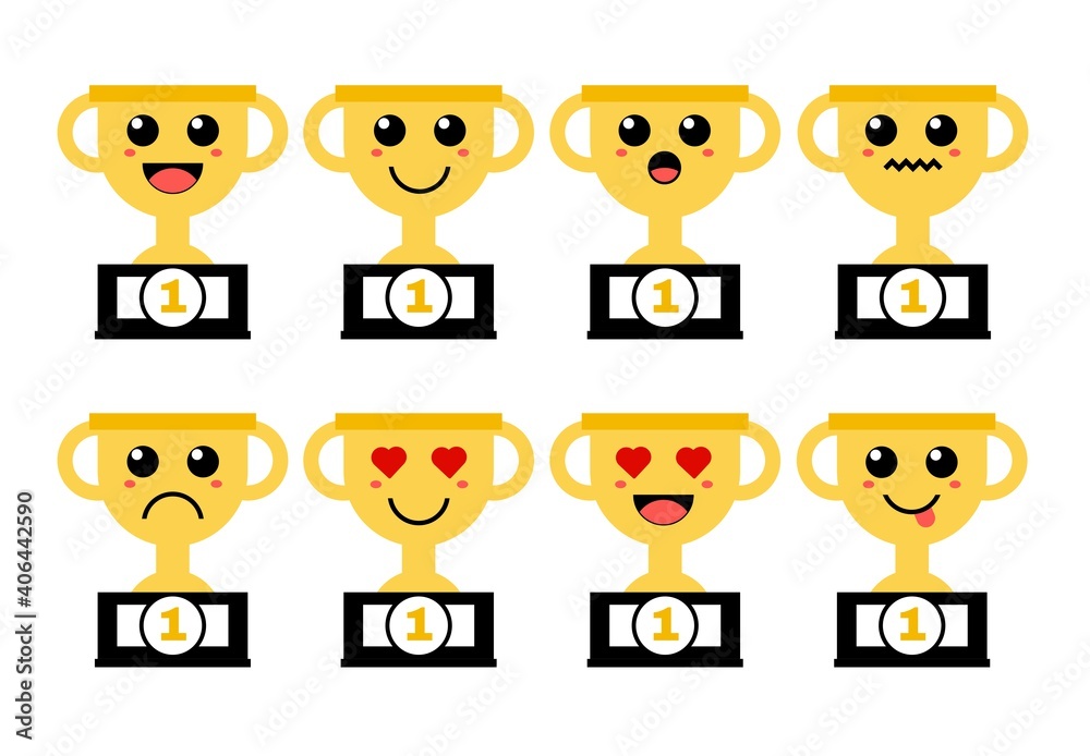 Set of cute cartoon colorful gold trophy with different emotions. Funny ...