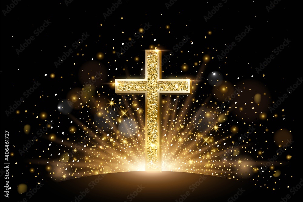 Gold glitter Christian cross in light on black background. Catholic ...