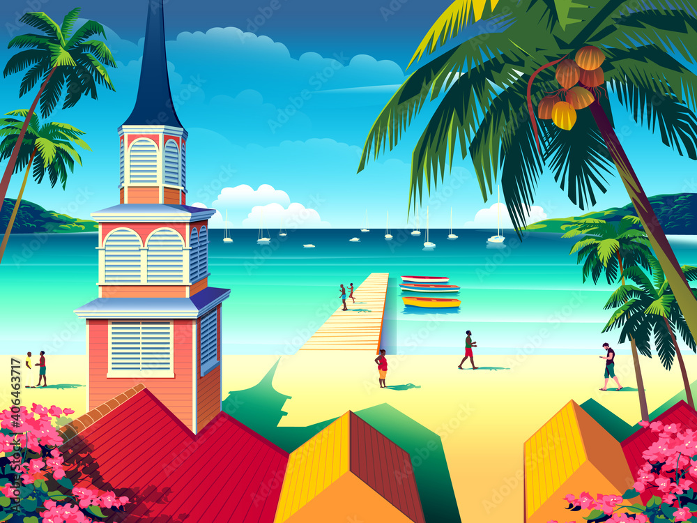 Tropical Island landscape with traditional houses, church, palm trees ...