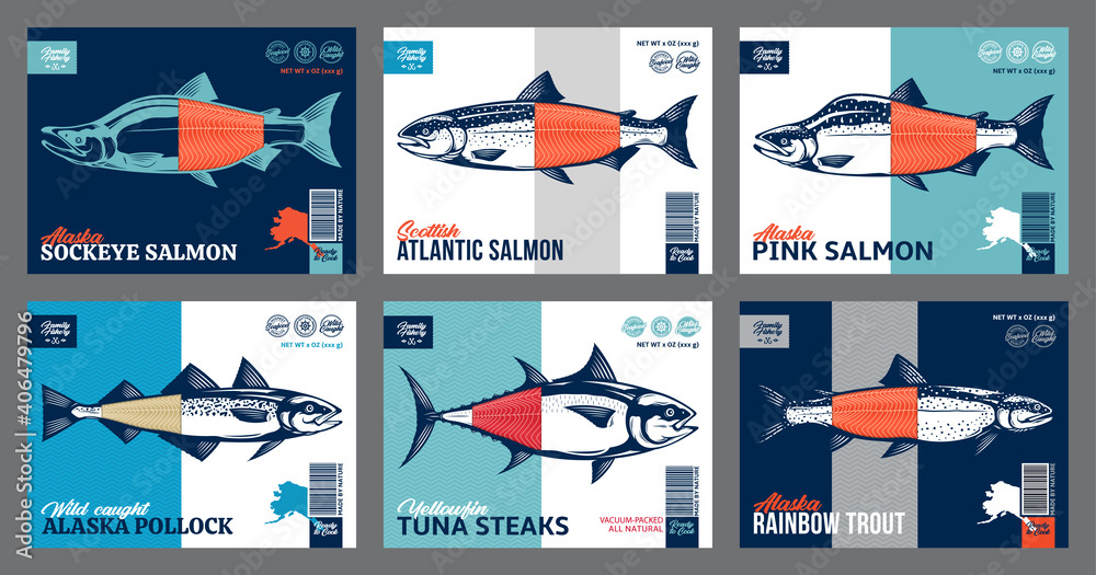 Vector fish packaging or label design. Modern style seafood label ...