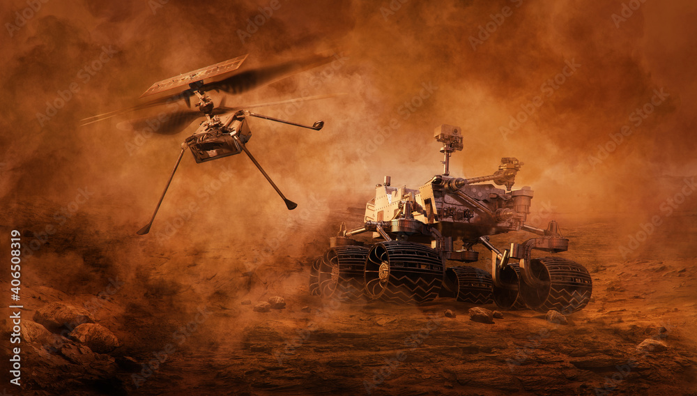 Mars rover and helicopter drone exploring surface of Mars. Image of ...