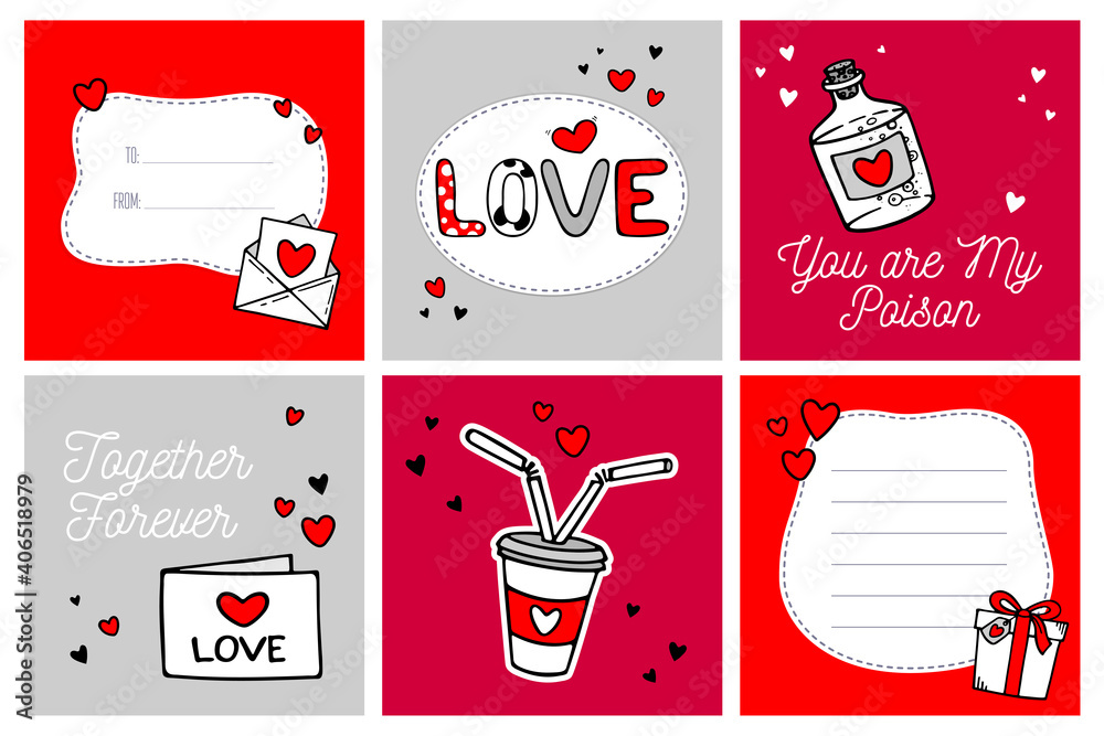 Set of creative Valentine's day cards in doodle style with hearts and ...