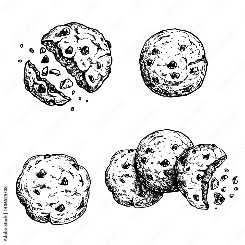 Hand drawn sketch style chocolate chip cookies set. Single whole and ...