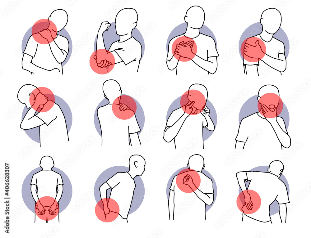 Pain and injury on human body parts. Vector illustrations of painful ...
