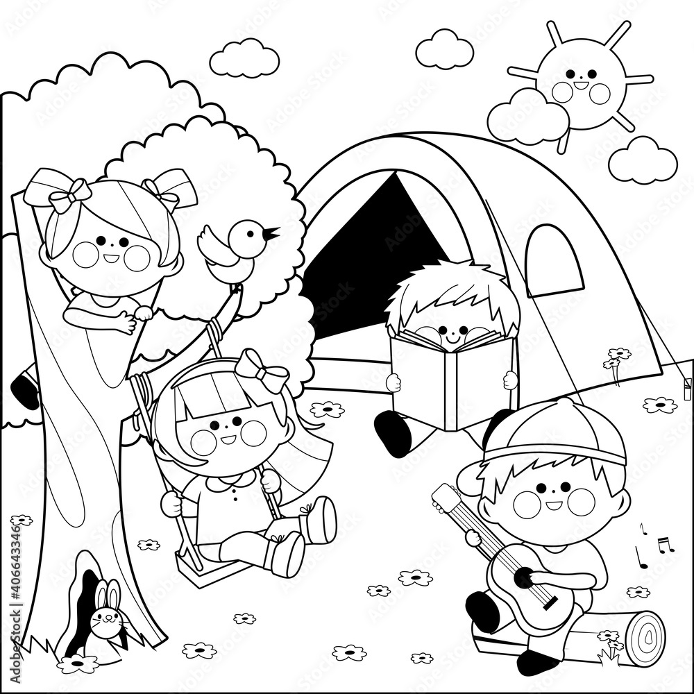 Happy children playing in a forest camping site. Vector black and white ...