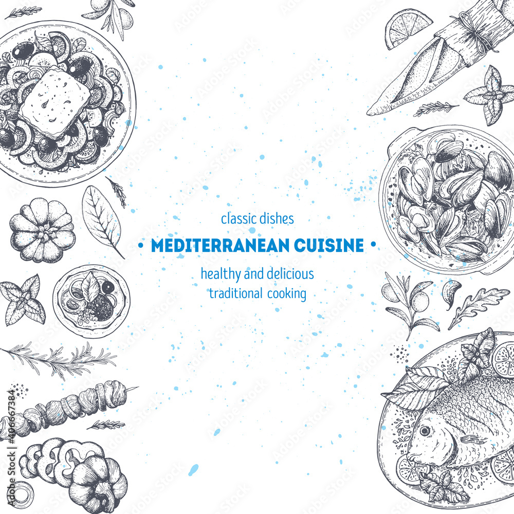 Mediterranean food. Top view frame. A set of mediterranean dishes ...