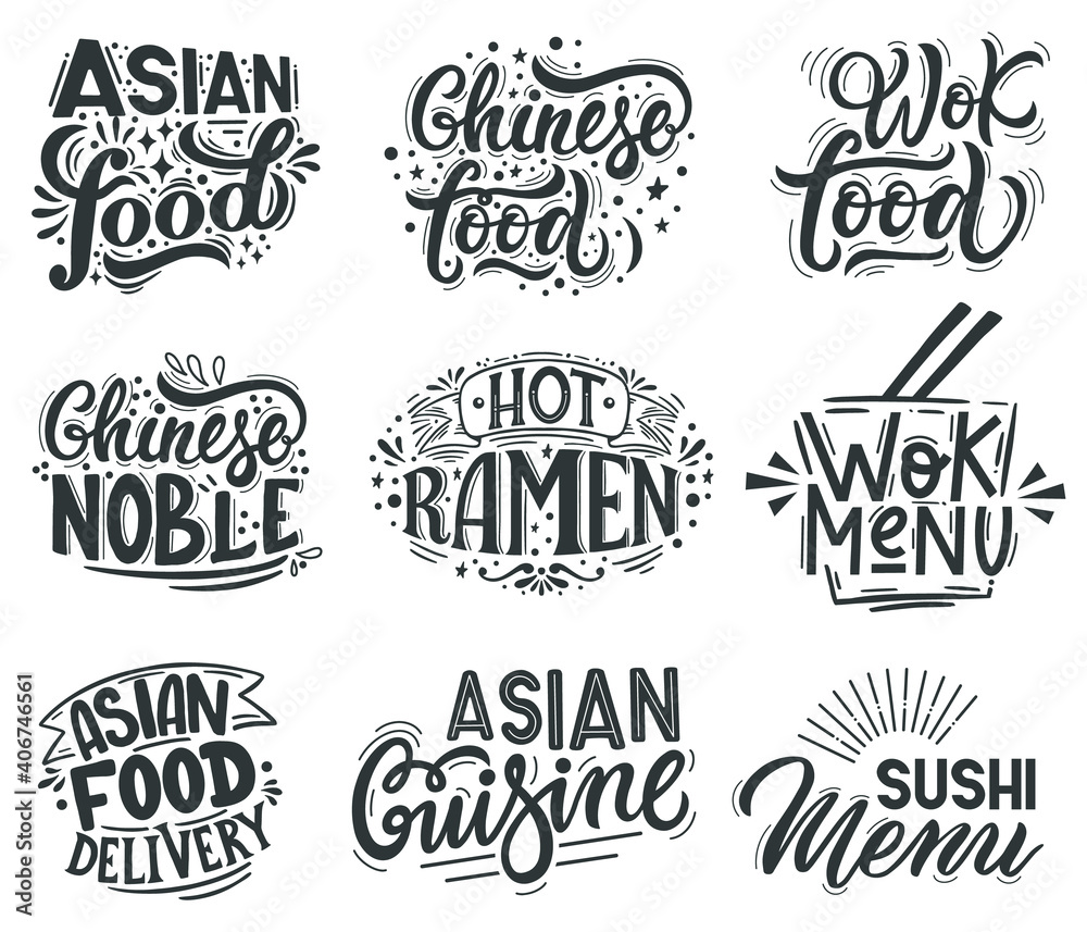 Asian wok. Noodle, ramen and wok cafe menu lettering quotes, asian ...