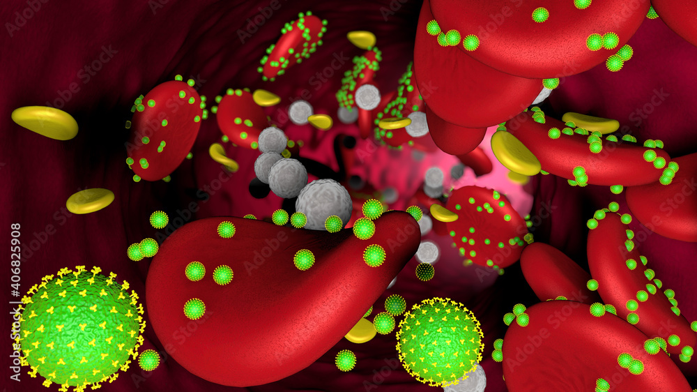 3D model of green coronavirus attacking red blood cells in the ...