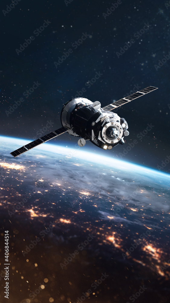 Cargo spaceship on orbit of the Earth planet. Milky way on background ...