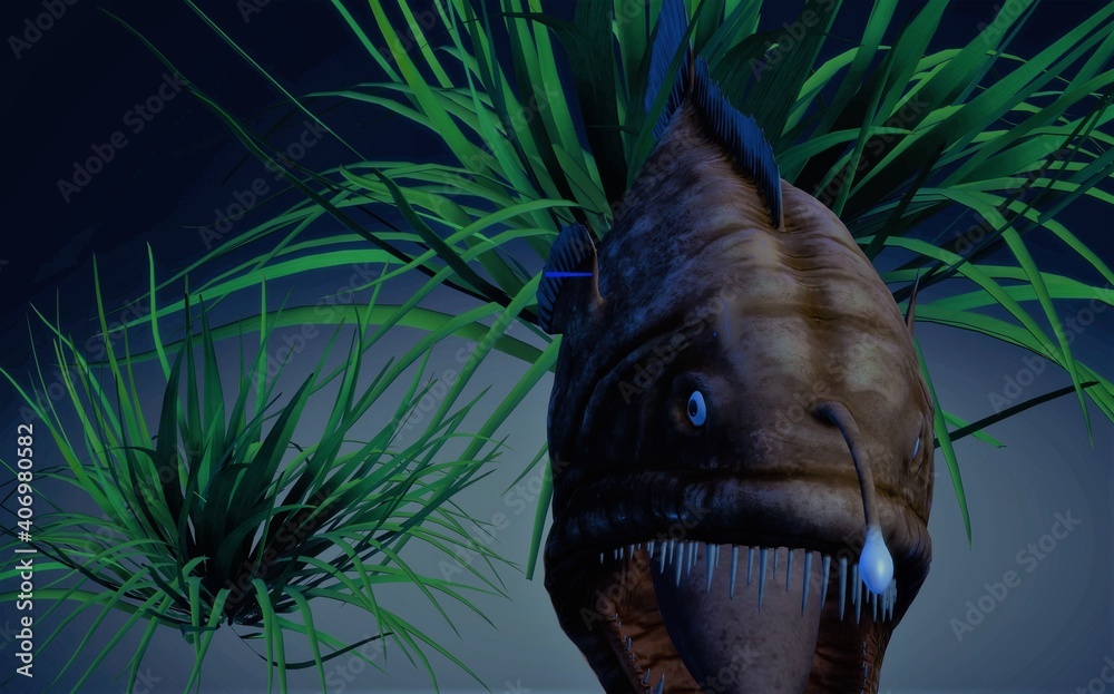 3D Underwater: An angry angler fish leaves its hideout. Hide quickly ...