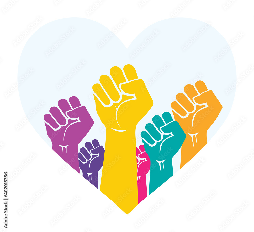 Multiracial hands with fists raised in the air, inside a heart shape ...