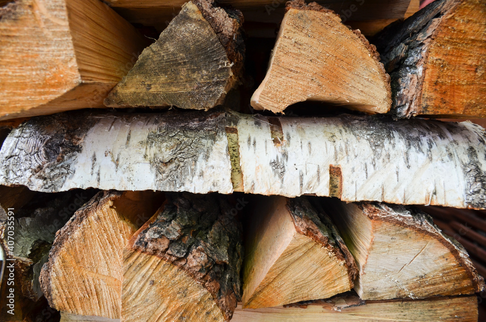 Close-up texture of dry fireplace logs. Wood background. Macro shooting ...