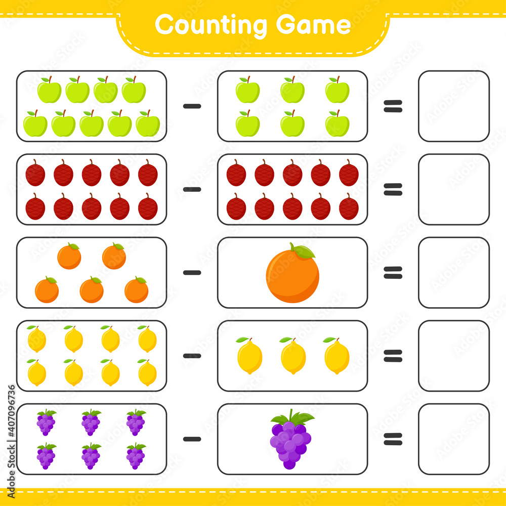 Counting game, count the number of Fruits and write the result ...