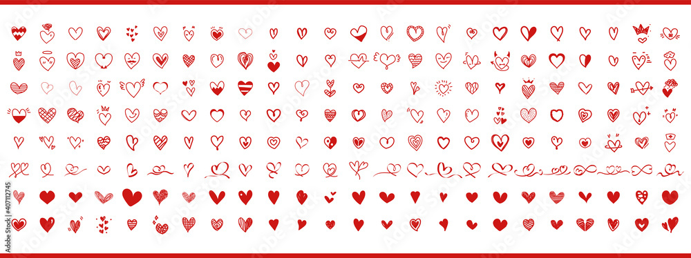 Red hearts. Big collection of red hearts hand-drawn. Set of scribble red heart icons isolated on ...