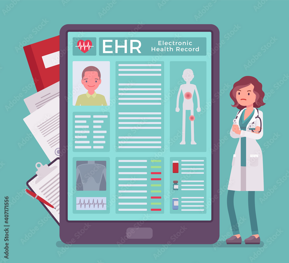 Vector de Stock Electronic health record, EHR digital patient tablet ...