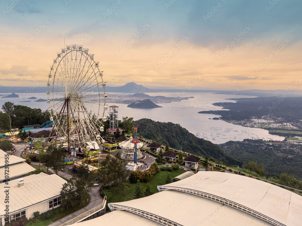Aerial of Sky Ranch Tagaytay, an amusement park with a large ferris ...