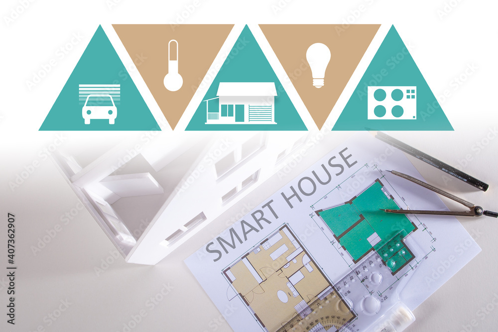 Smart house logo next to architectural drawings. Smart house systems design. Development of ...