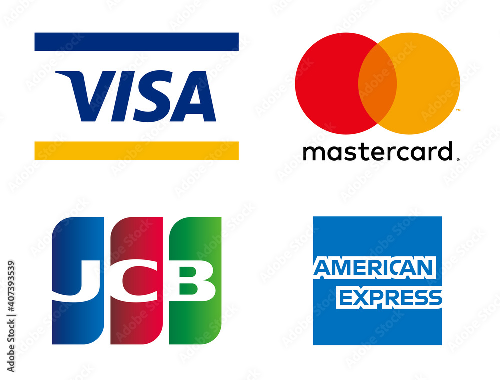 Visa, Mastercard, JCB, AMEX, logos printed on white paper. クレジットカードロゴ 素材庫向量圖 | Adobe Stock