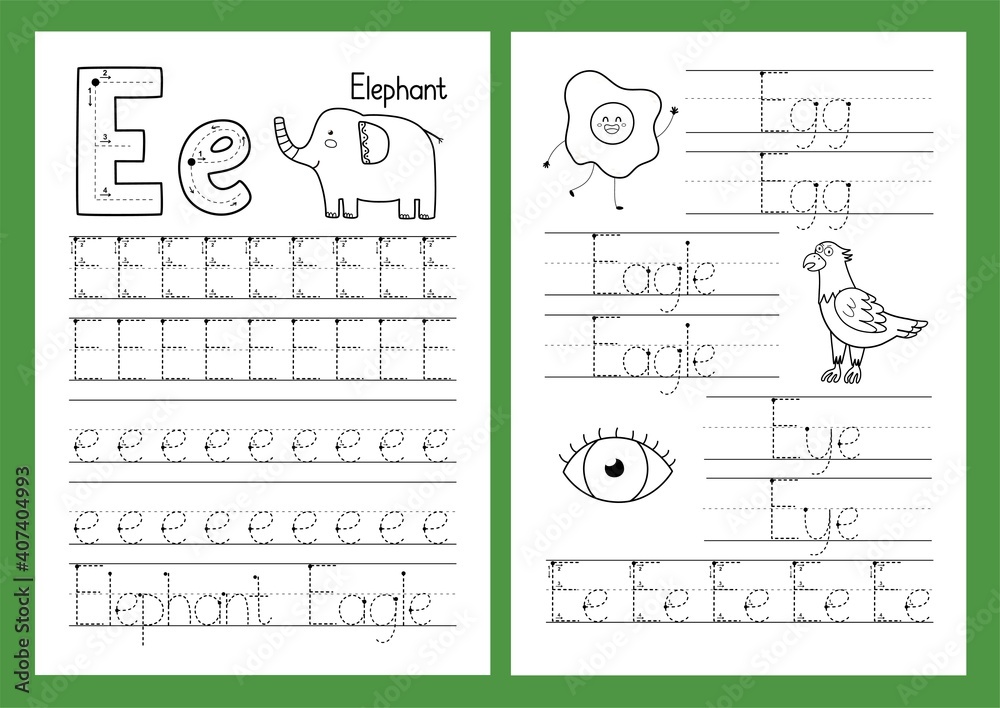 Letter E. Tracing practice worksheet set. Learning alphabet activity ...