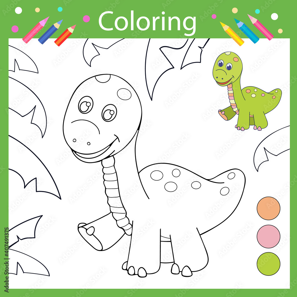 Coloring pages. Activity for kids. Drawing tutorial with cute dinosaur ...