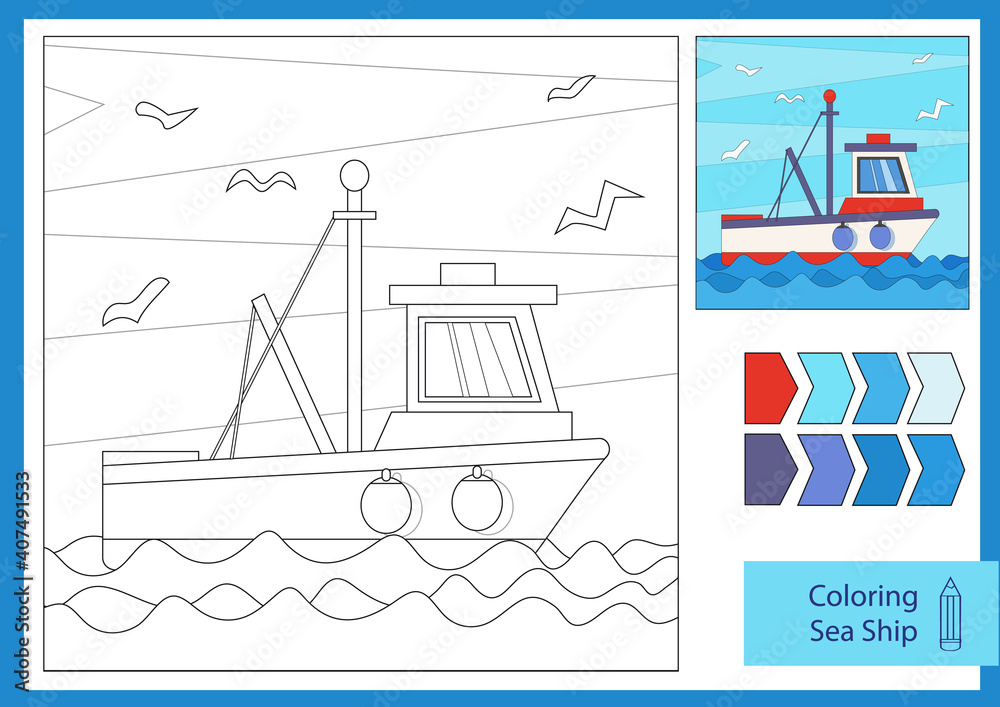 Coloring page for book. Drawing worksheets with a sea ship. Children ...