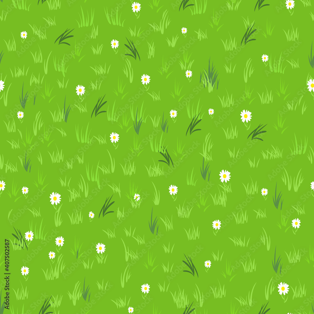 Cartoon grass with small flowers daisy and marigold. Grass field ...