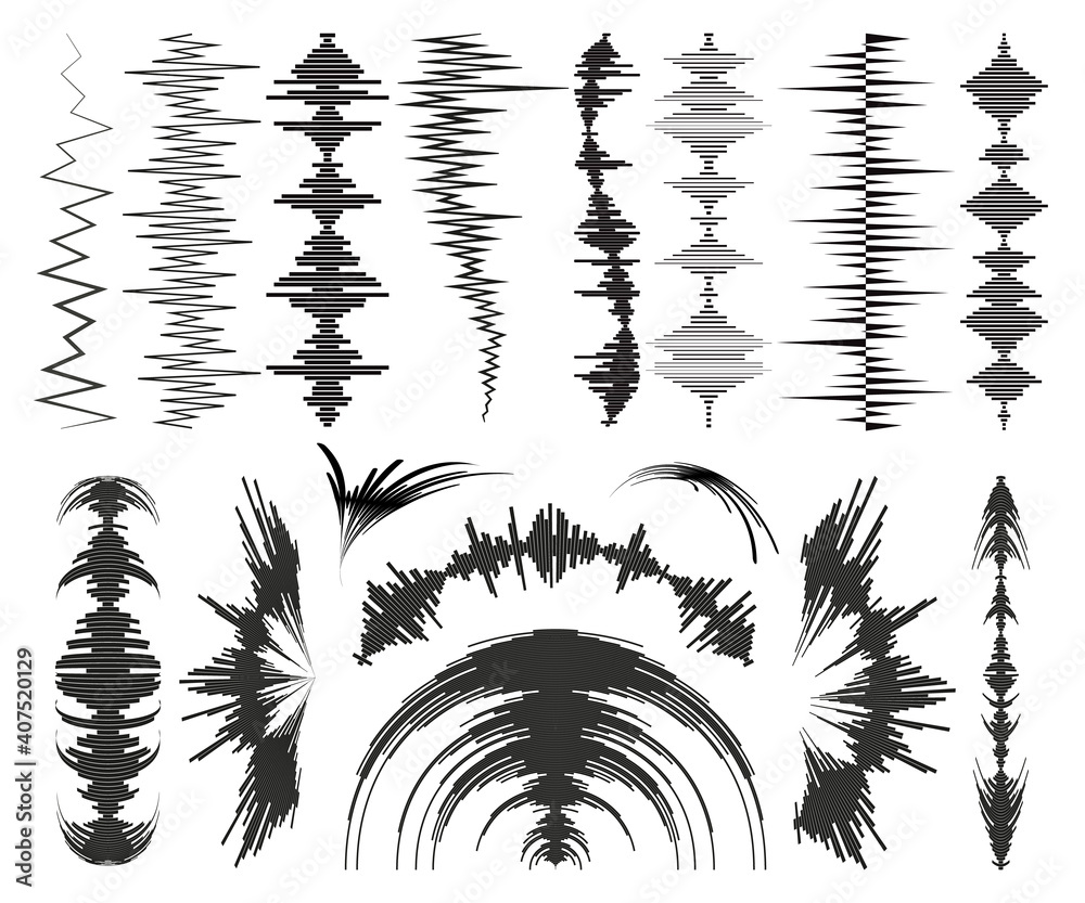 Big black music wave elements set. Audio waveform digital technology ...