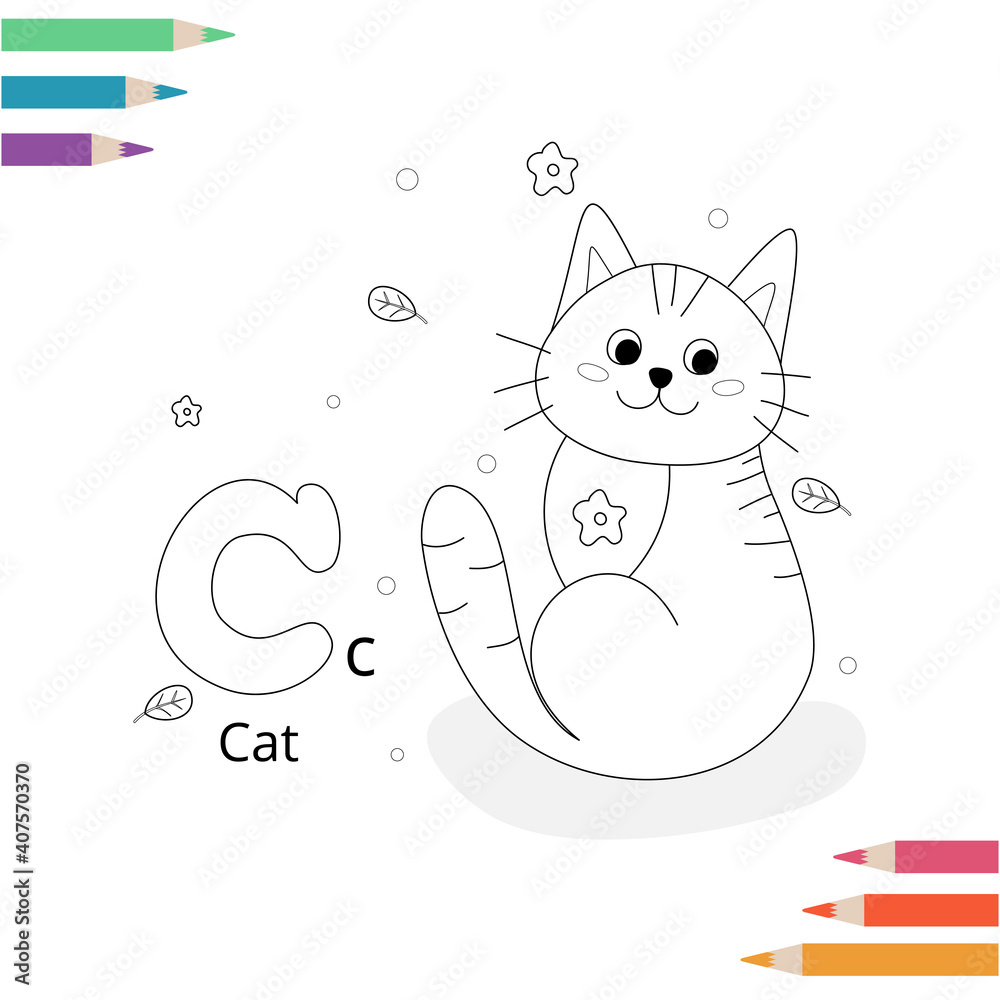 Animal alphabet coloring book page for kids. Vector illustration. Hand ...