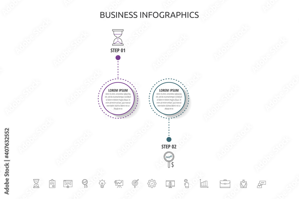 Circles vector line infographic with 2 step, icons. Timeline used for ...