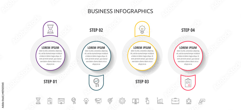Vector infographics circles with 4 steps, labels. Line chart. Timeline used for diagram, web ...