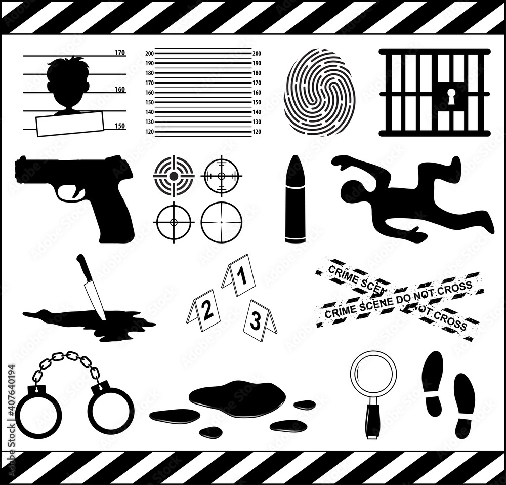 Crime icon set. Murder symbol collection. Criminal illustrations ...