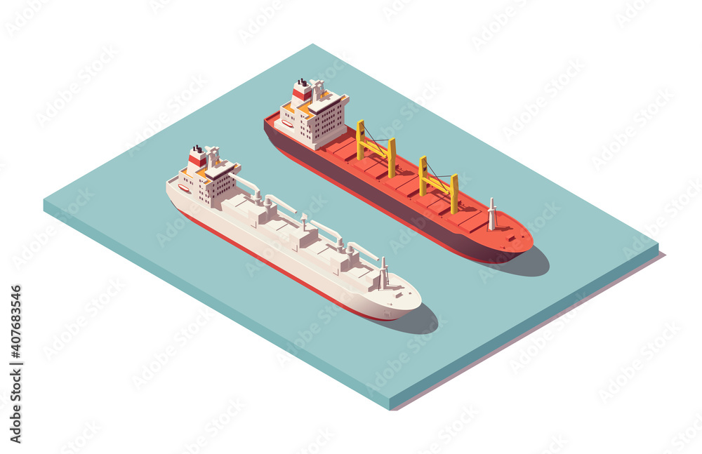 Isometric low poly bulk carriers vessels set. Handysize bulker & reefer ...