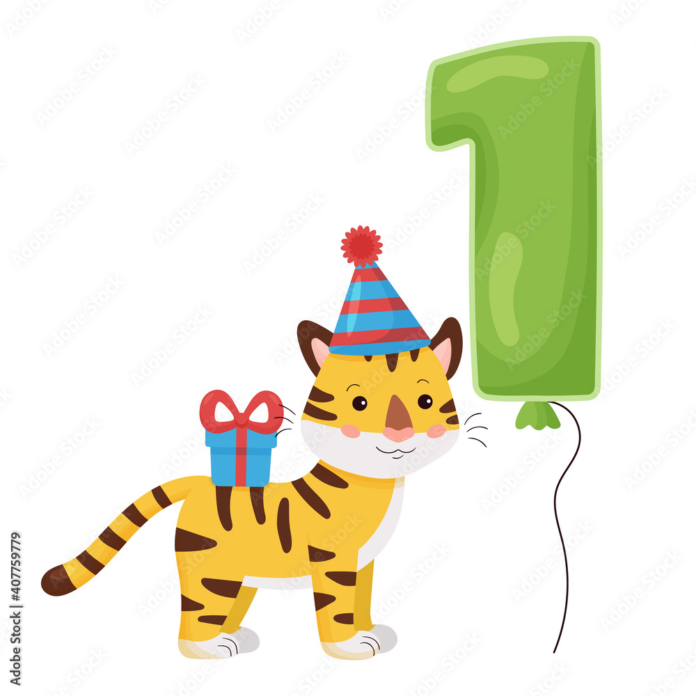 Cute cartoon tiger with number balloon. Vector illustration Happy ...