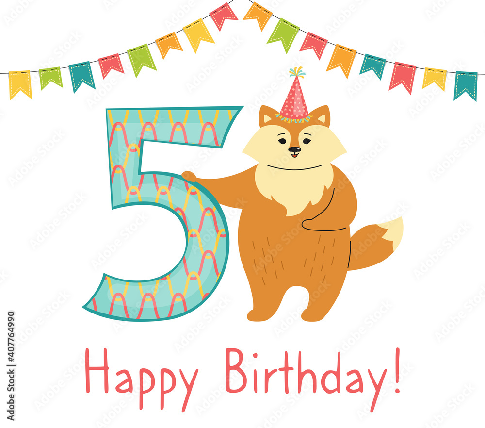Greeting Happy Birthday card, Fox with number five. Hand drawn red fox ...