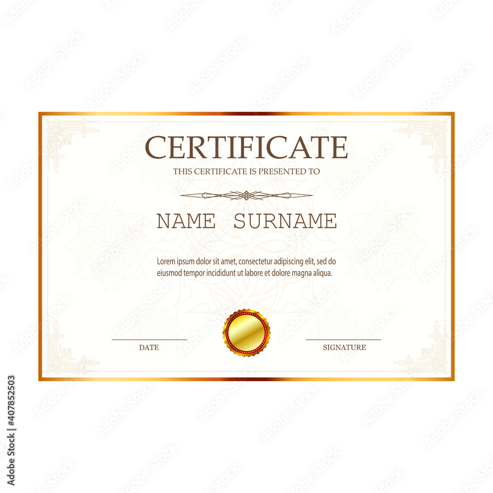 Certificate template. Gold border with Guilloche pattern for Diploma ...