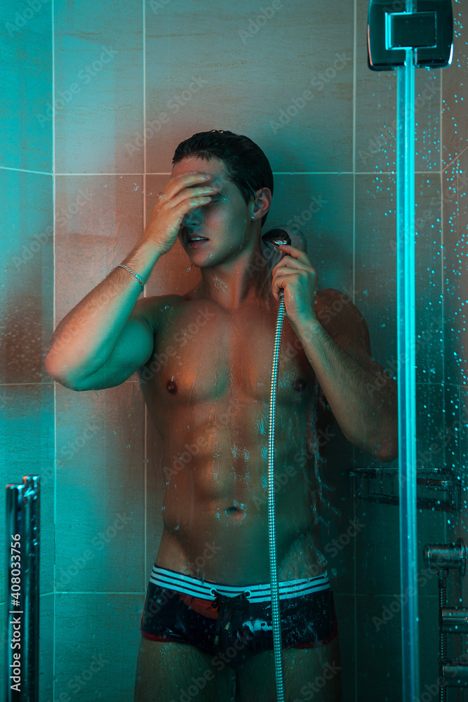 Naked Man In Shower Male Model In Swimwear Handsome Muscular Guy In