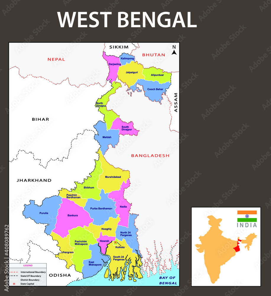 West Bengal map. Showing International and State boundary and district ...