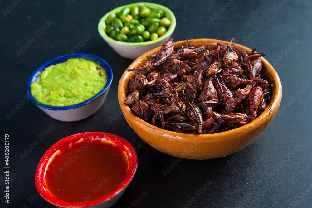 grasshoppers chapulines snack. Traditional mexican food Stock Photo ...