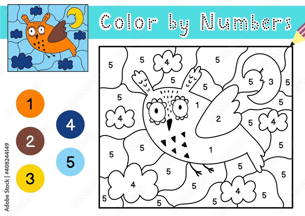 Color by number game for kids. Coloring page with a cute owl at night ...