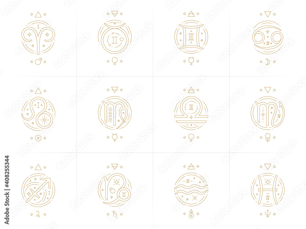 Zodiac astrology horoscope glyphs linear design vector illustrations set Stock Vector | Adobe Stock