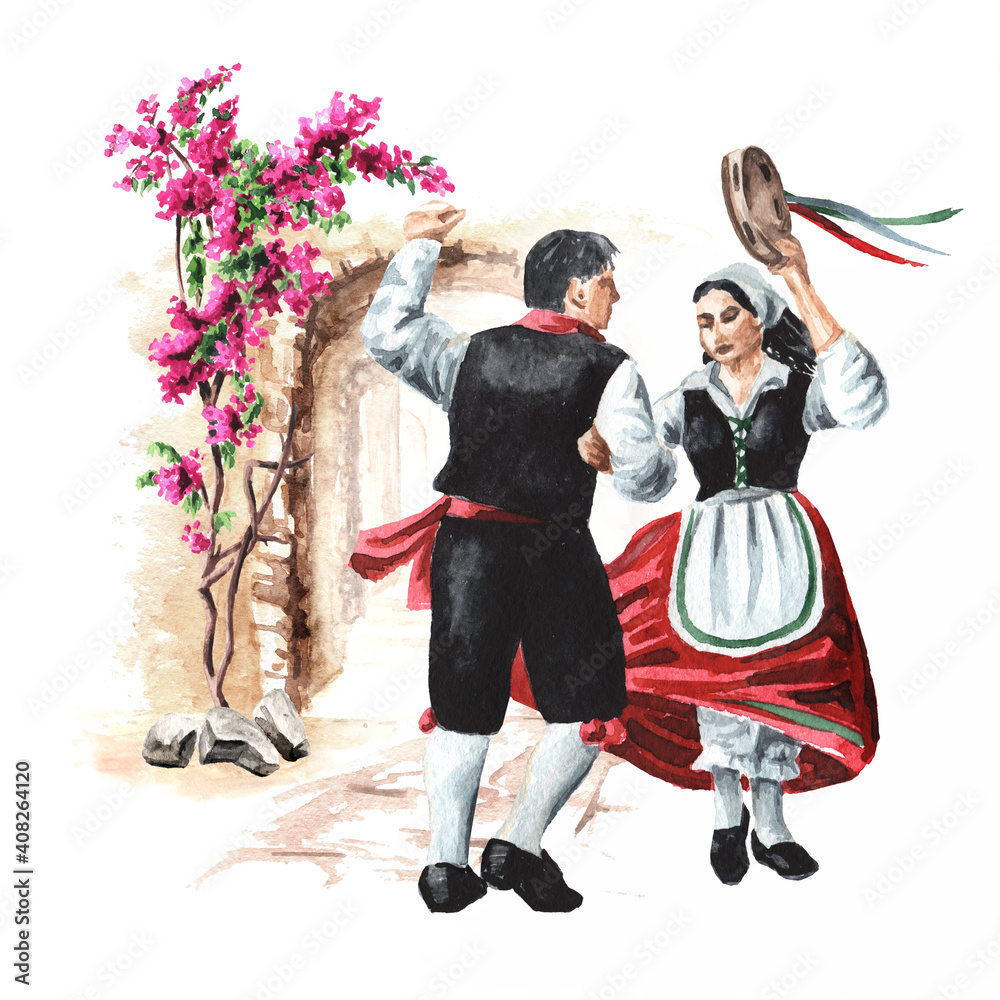 Italian folk dances. A couple of dancers in national costumes. Hand ...
