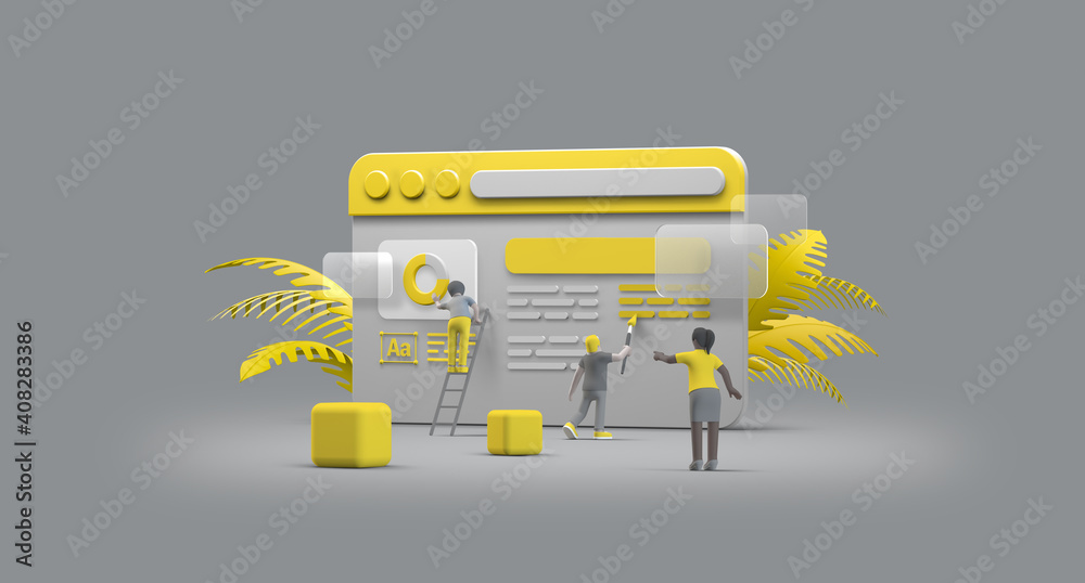 Web Browser UI UX Design Teamwork concept 3D illustration. Team People Building Creating website ...