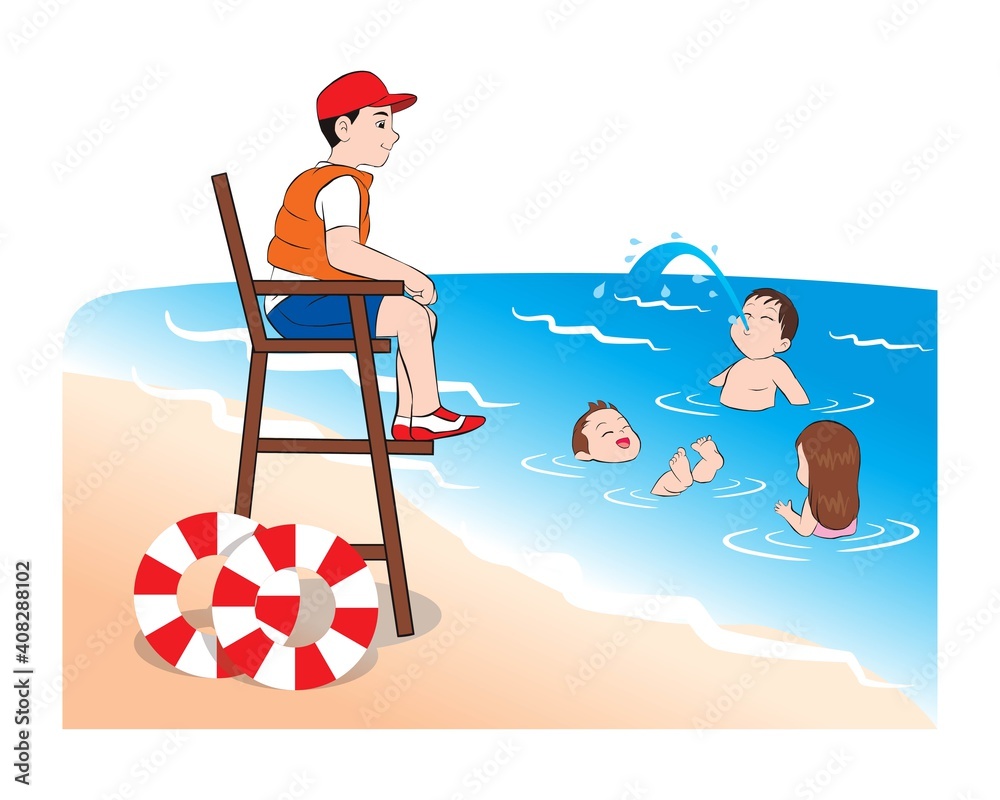 Vector de Stock Beach lifeguard safeguarding watching kids sitting on ...