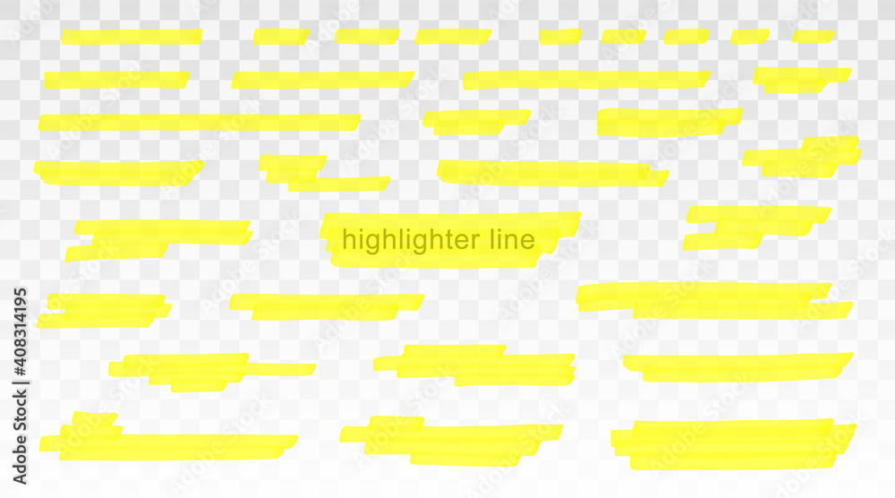 Yellow highlighter lines set isolated on transparent background. Marker ...