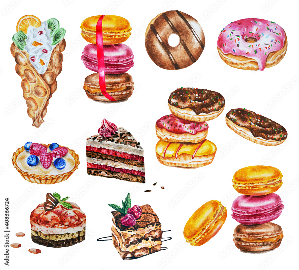 Realistic colorful illustration. Set of watercolor desserts. Design ...