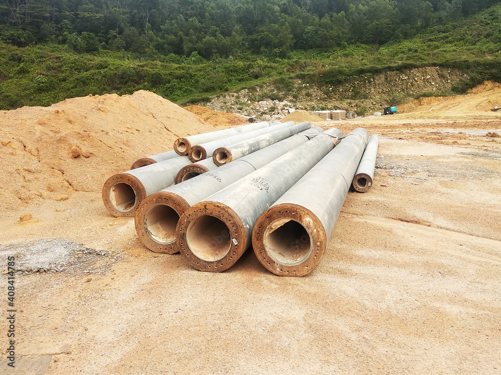 IPOH, MALAYSIA -MARCH 03, 2020: Bore pile materials made from strong ...