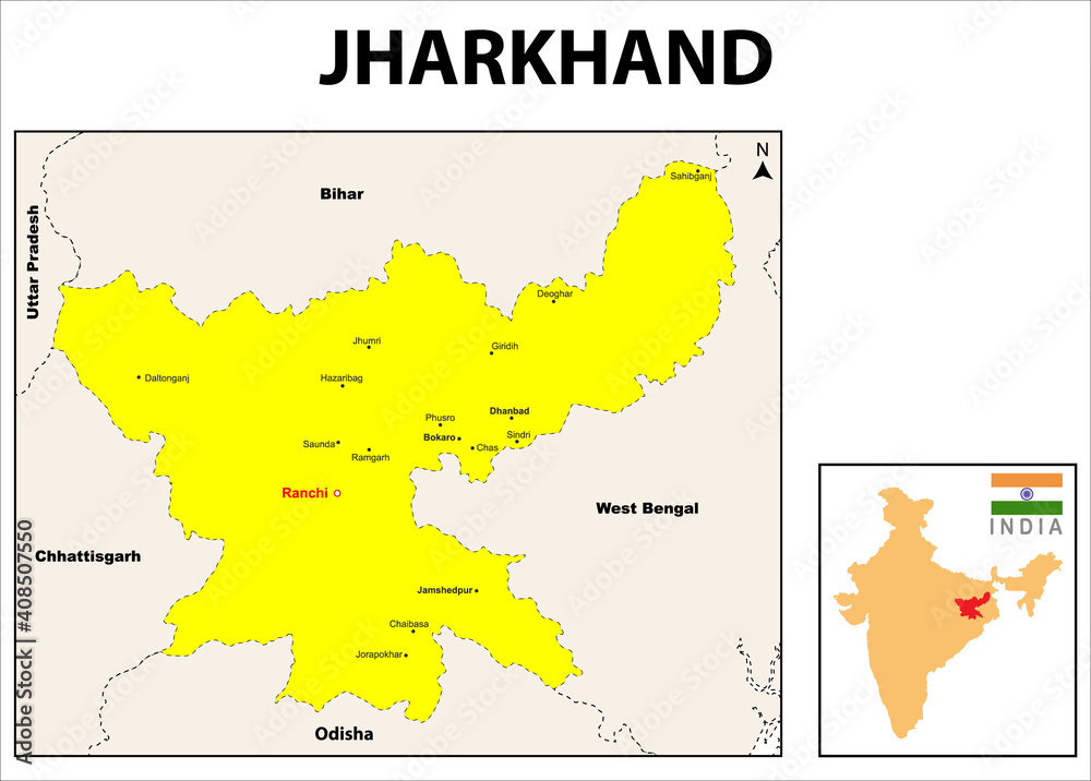 Jharkhand map. Showing International and State boundary and district ...