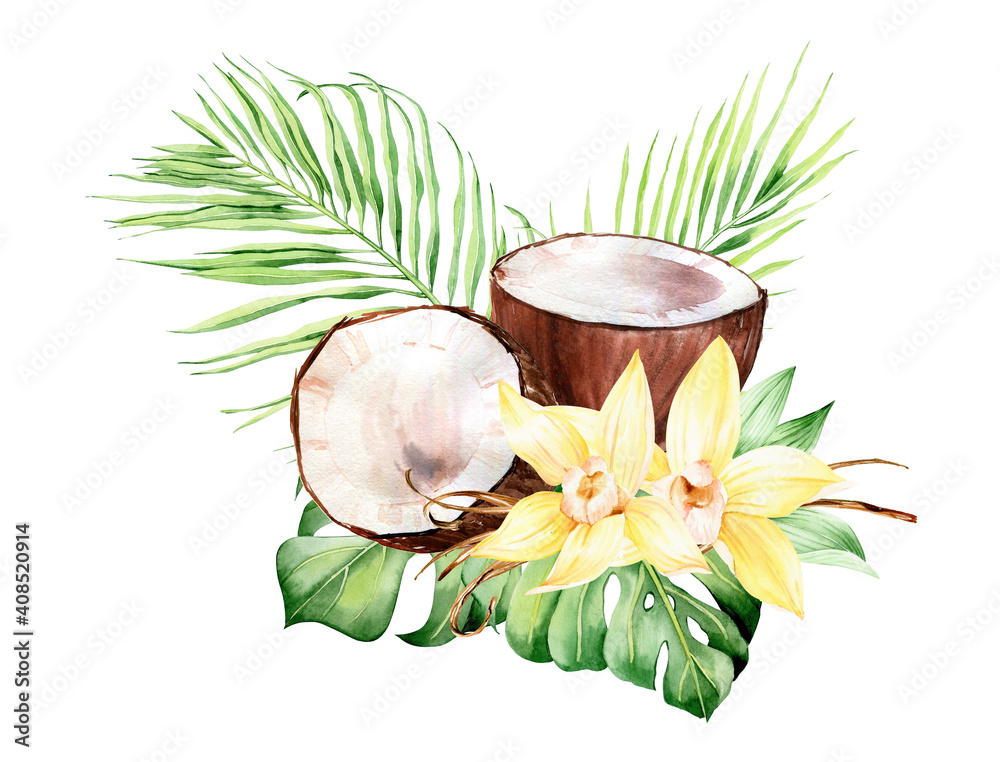 Coconut watercolor clipart, Vanilla yellow flowers bouquet. Modern ...