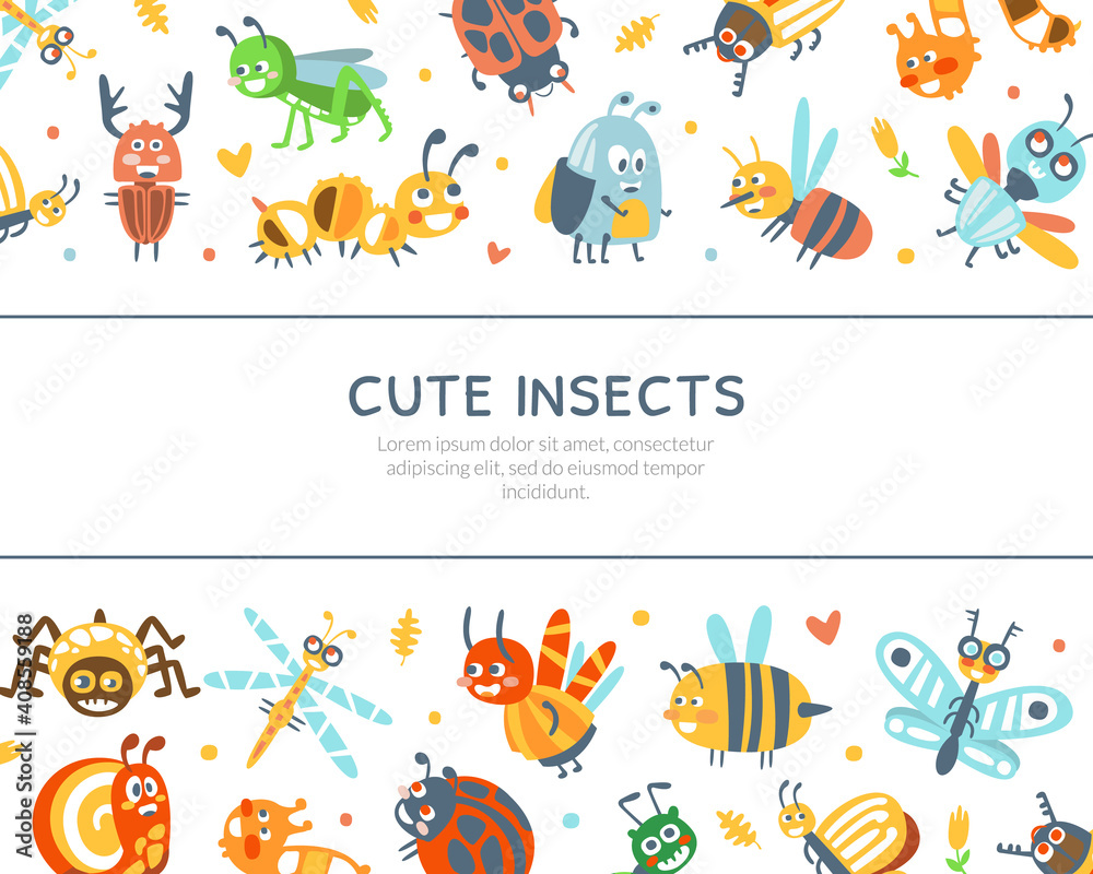 Cute Insects Banner Template, Cover, Poster, Invitation Card with Funny ...